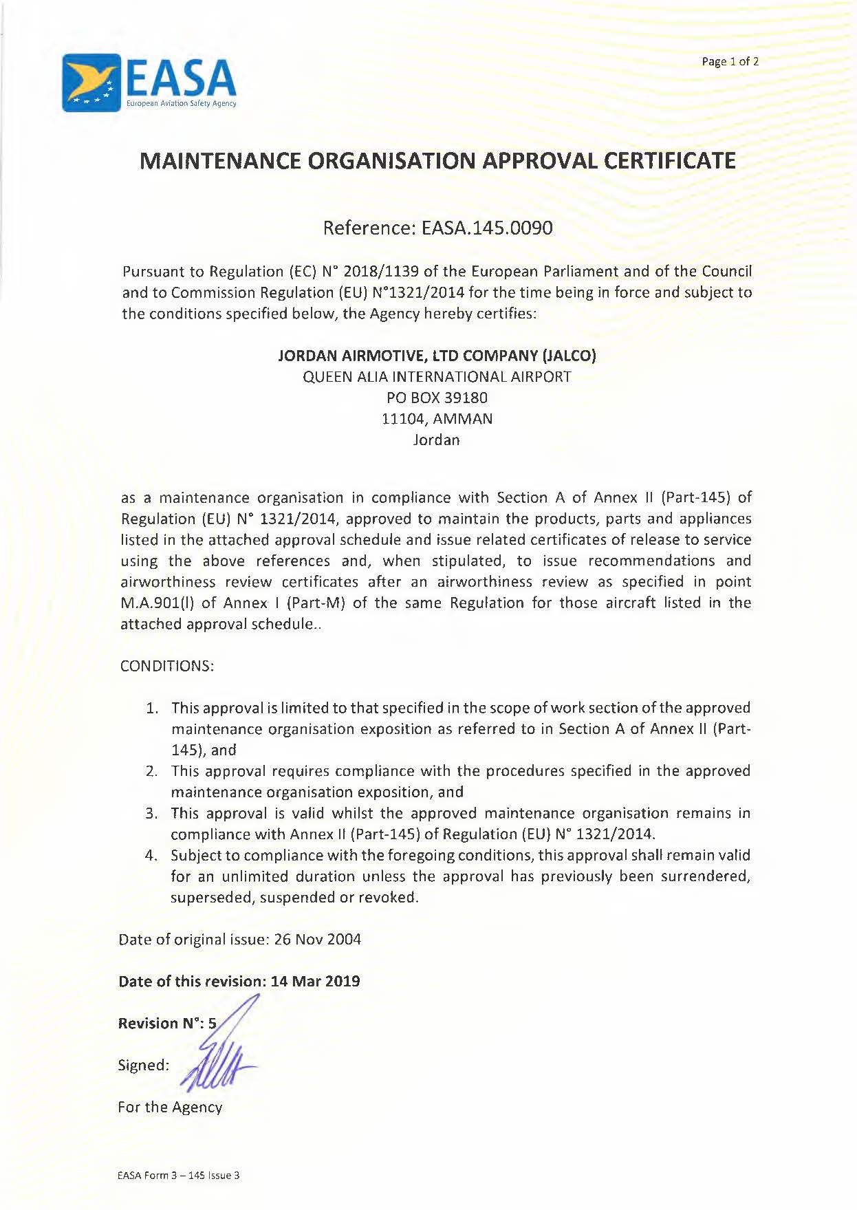 Jordan Airmotive -Jalco - APPROVALS