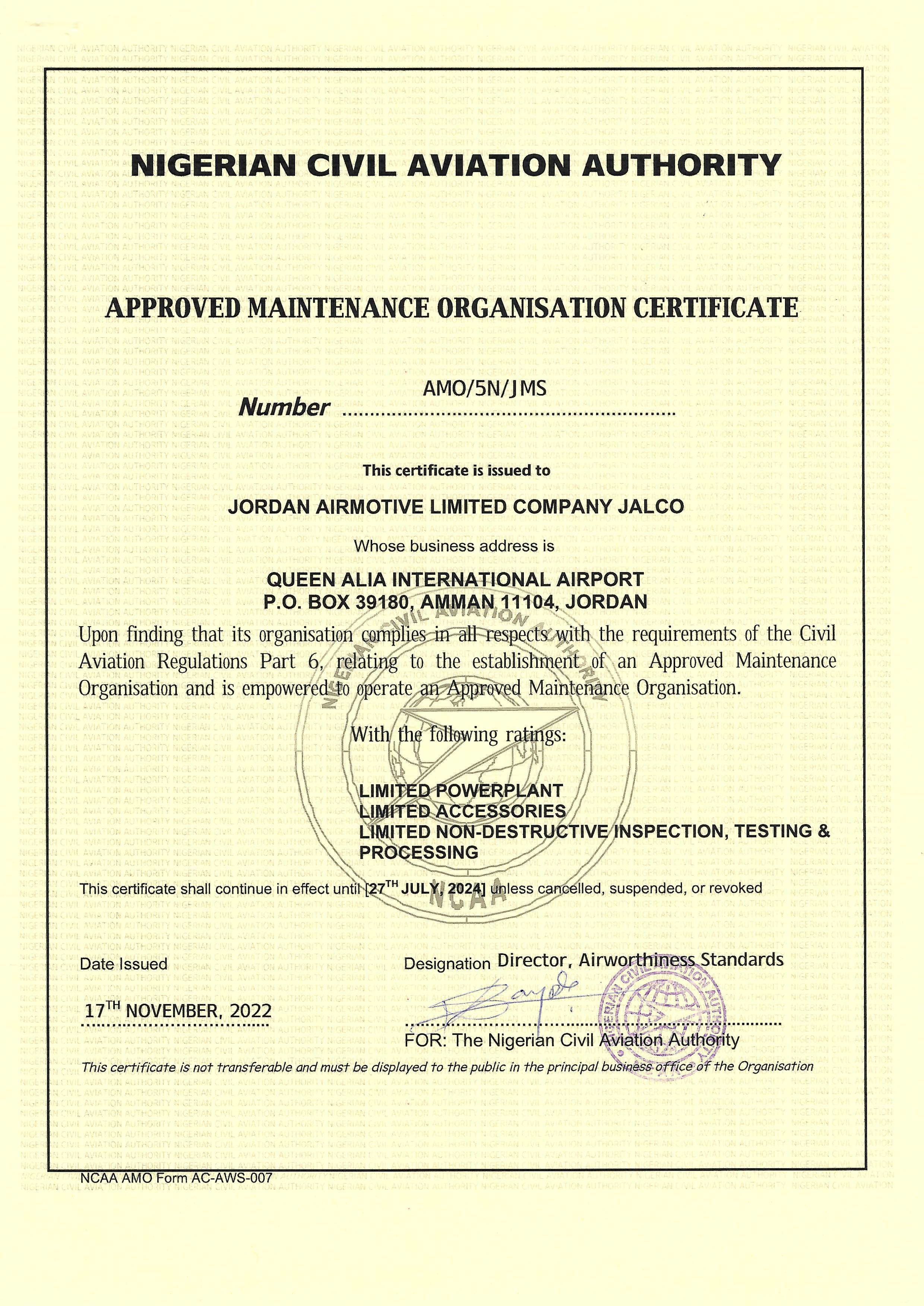 Jordan Airmotive -Jalco - APPROVALS