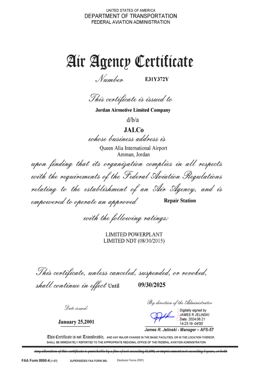 Jordan Airmotive -Jalco - APPROVALS