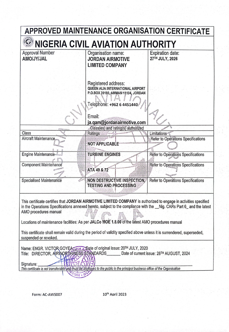 Jordan Airmotive -Jalco - APPROVALS