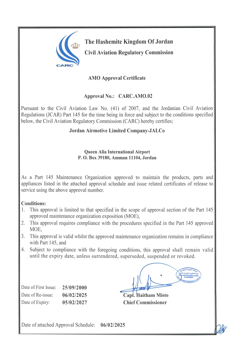 Jordan Airmotive -Jalco - APPROVALS
